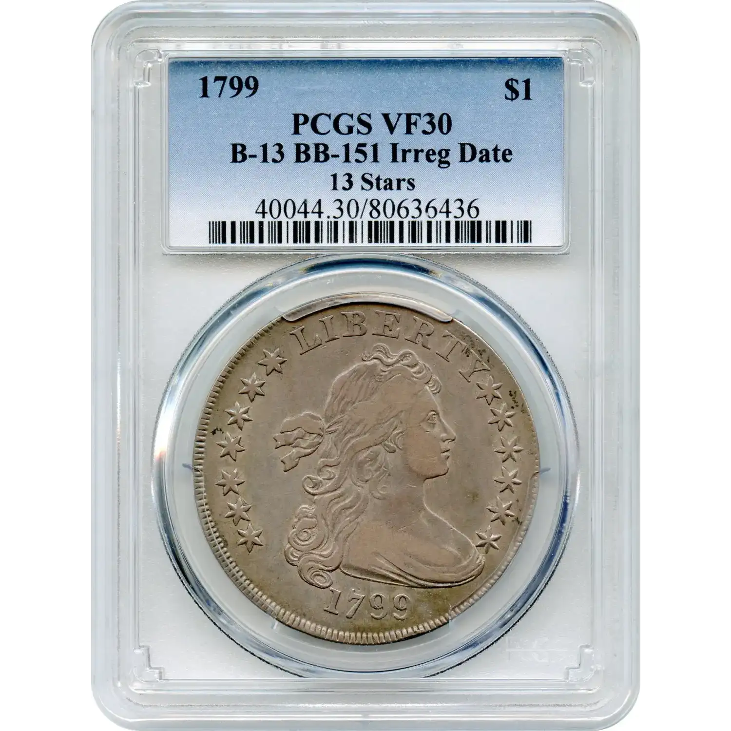 1799 $1 Draped Bust Silver Dollar PCGS VF-30 BB-151, Irregular Date, 13 ...