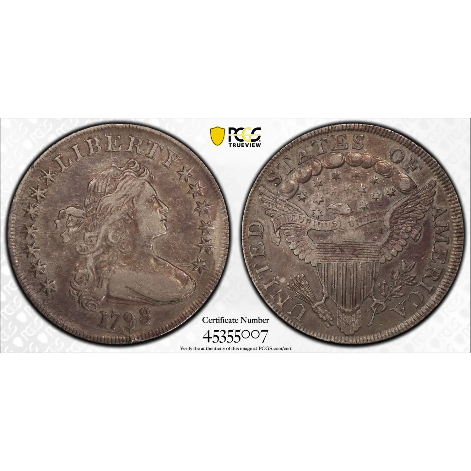 1798 $1 Draped Bust Silver Dollar PCGS VF-35 BB-118, Pointed 9, 4 ...