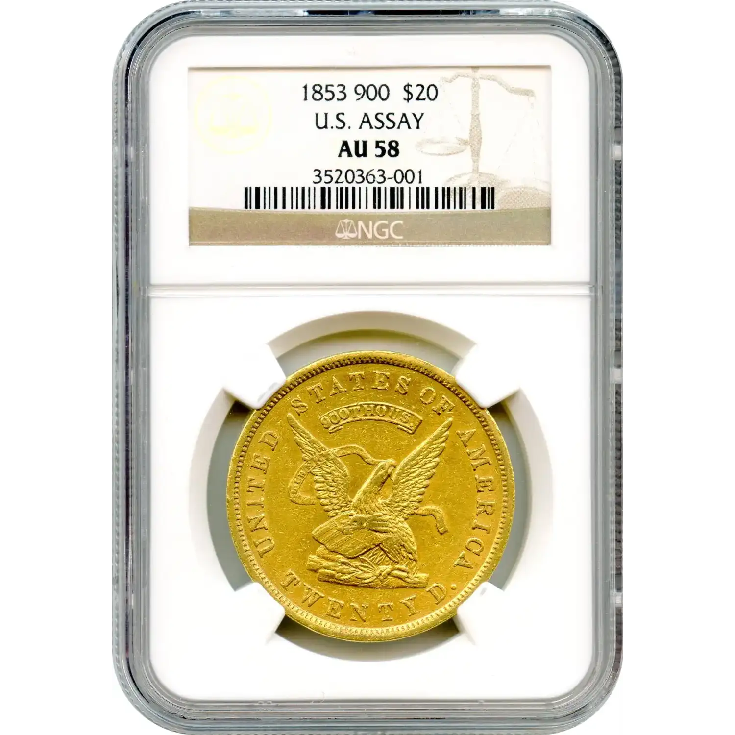 1853 Territorial Gold - $20 U.S. Assay Office of Gold NGC AU-58 900 ...