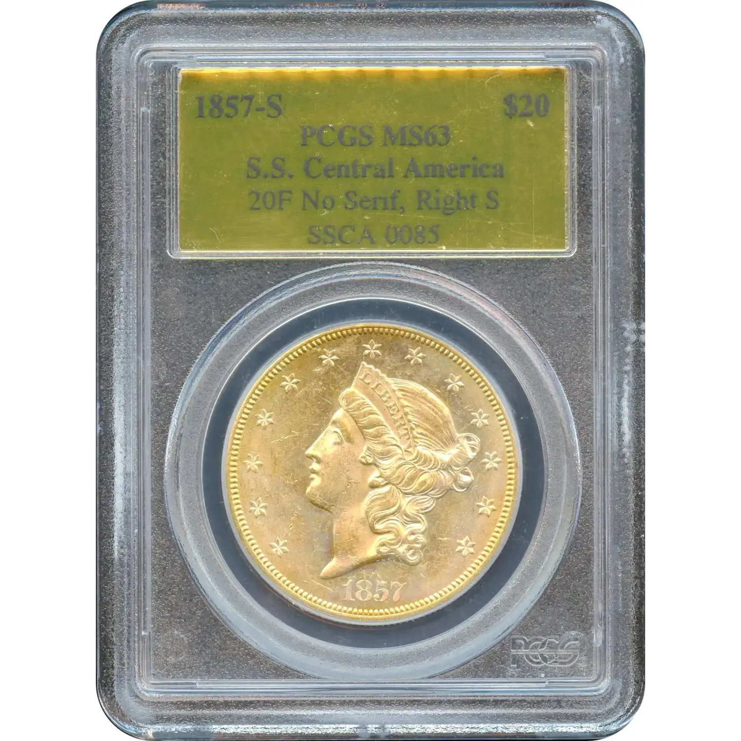 1857-S $20 Liberty Head Double Eagle PCGS MS-63 20F, Ex.SS Central America #0085 - AU Capital ...