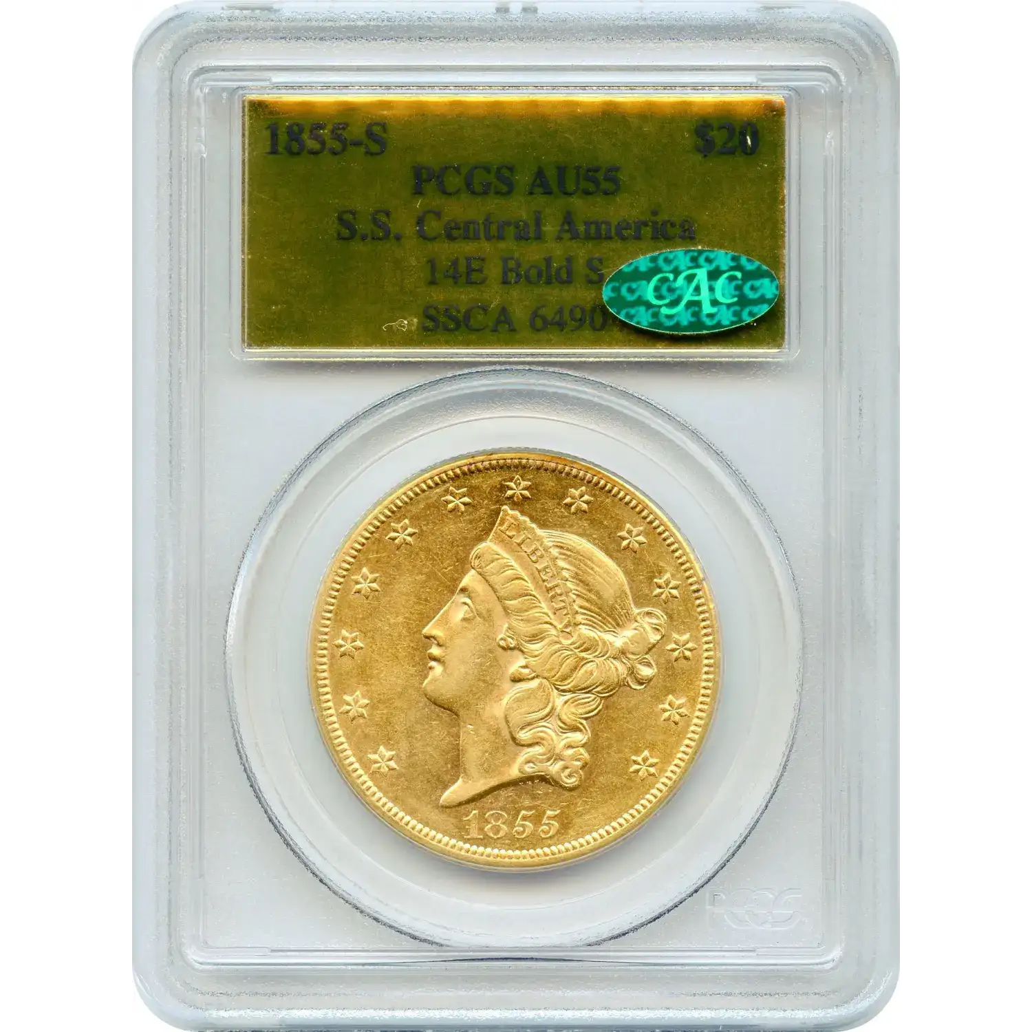 1855-S $20 Liberty Head Double Eagle PCGS AU-55 14E, Ex.SS Central ...